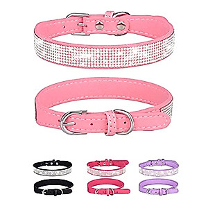 Dog Collar for Small Dogs, Adjustable Leather Suede Bling Dog Collars，Pink Dog Collar Cat Collar, Rhinestone Dog Collar(S, Pink)