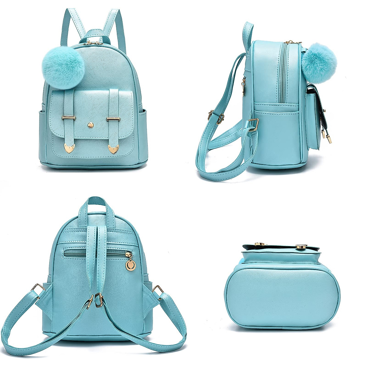 I IHAYNER Girls Fashion Backpack Mini Backpack Purse for Women Teenage Girls Purses PU Leather Pompom Backpack Shoulder Bag Green