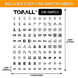 TOMALL 200Pcs Light Switch Labels Icon Stickers Household Transparent Light Fan Heater Bed Bathroom Kitchen Garage Laundry Room Switch Label Graphic Kit for Home Office School Hotel Public Places