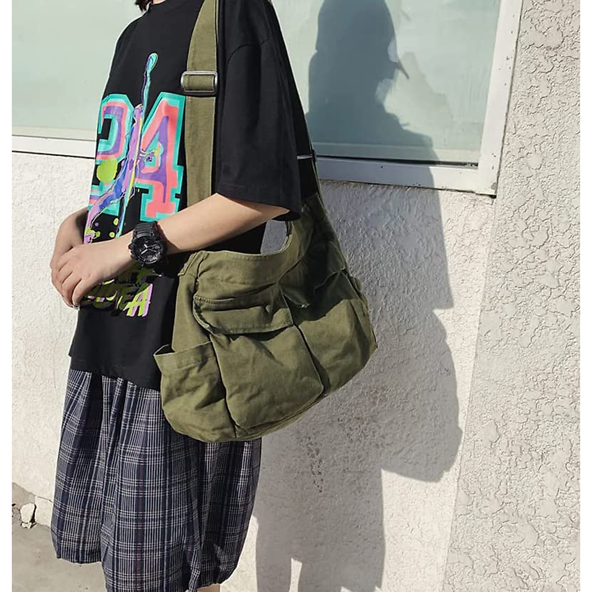 GAI Canvas Messenger Bag For Women Large Hobo Bags for Men Crossbody Hippie Bag Multi-pocket Aesthetic Grunge Shoulder Bag (One Size,Army Green)