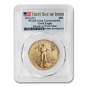 2023 (W) 1 oz American Eagle Gold Bullion Coin Gem Uncirculated (First Day of Issue - Struck at West Point - Flag Label) 22K $50 PCGS GEMUNC