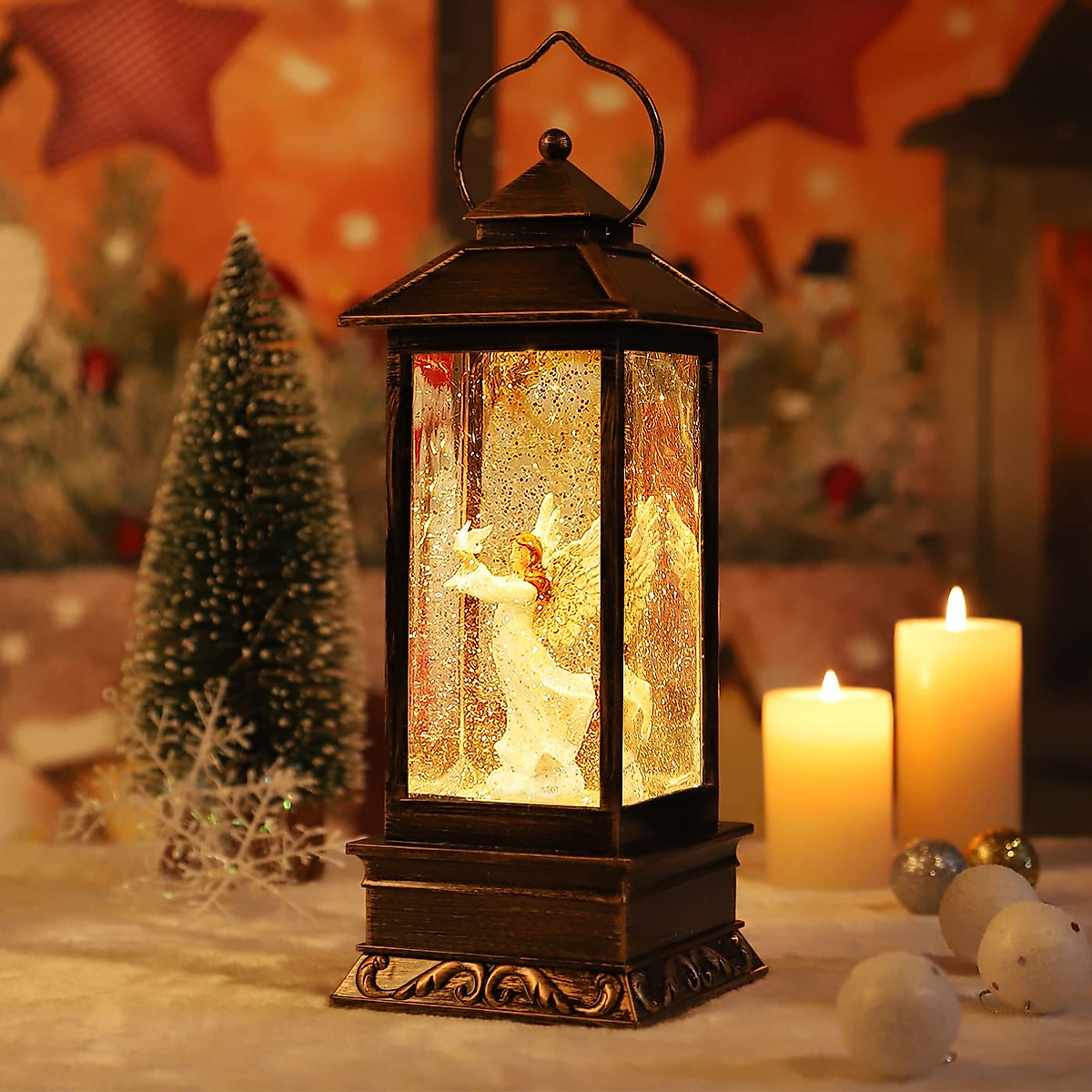 Christmas Decorations Christmas Snow Globe Christmas Lanterns Water Lanterns Glittering with Music USB and Battery Operated Singing Snow Globe Decoratives (Golden Dove Angel)
