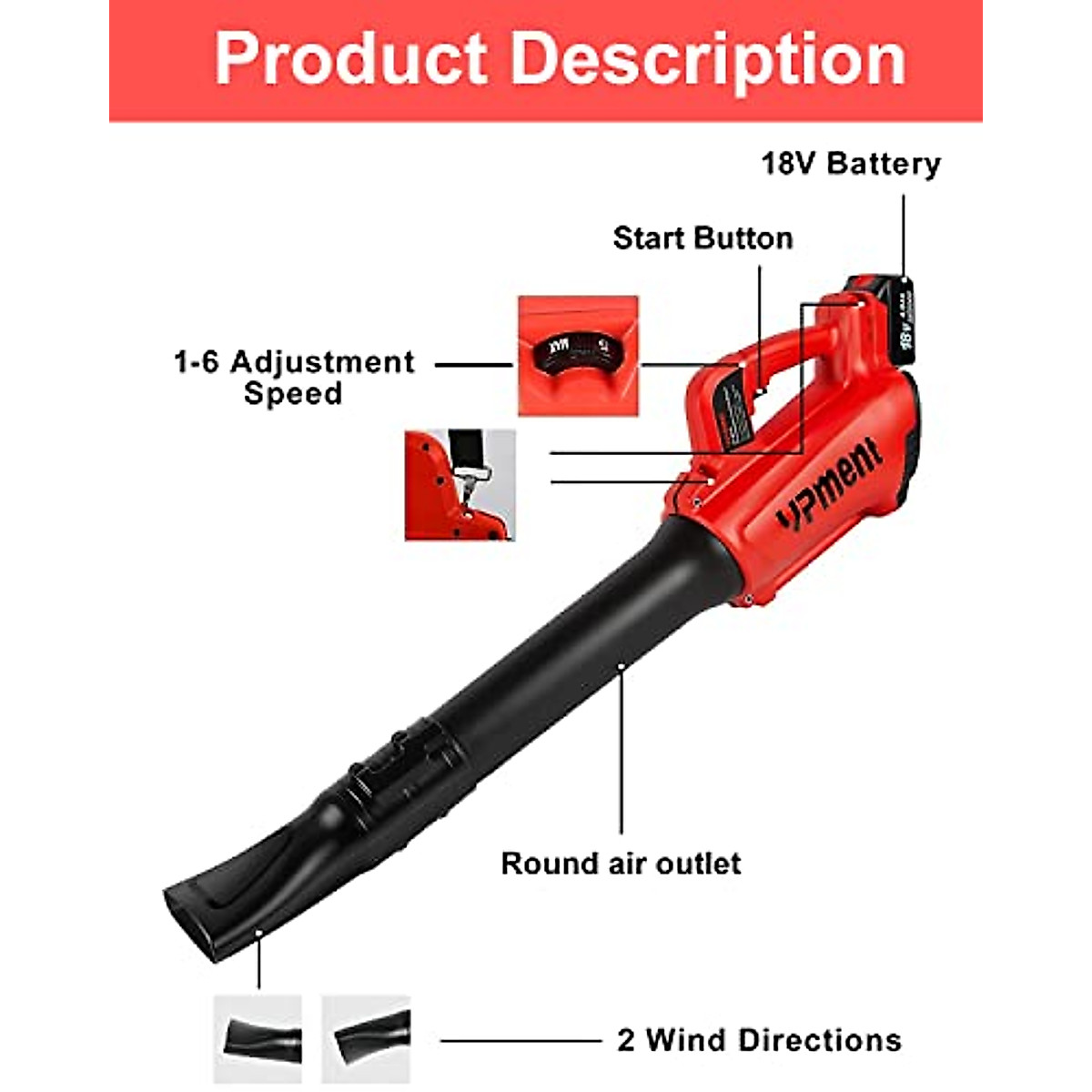 Vpment 460CFM 117MPH 18V Electric Cordless Leaf Blower-6 Adjustable Speeds，4.0 Ah Battery（Charger Included）