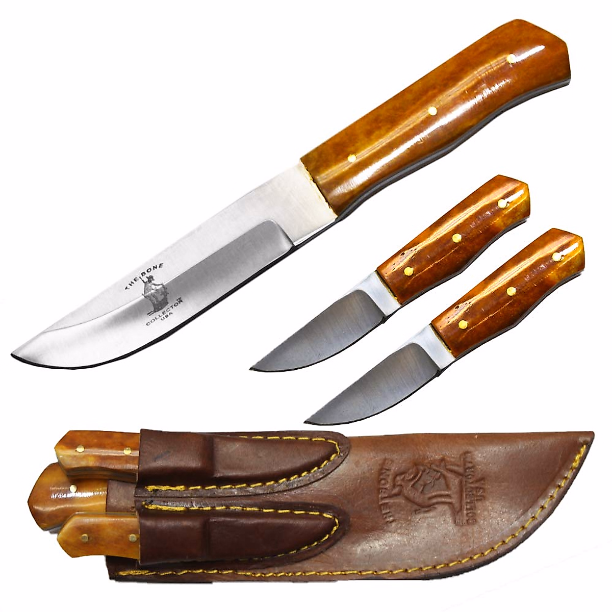 8" Bone Collector Bovine Yellow Bone 3 PCS Hunting Knife with Leather Sheath (Yellow Bone)