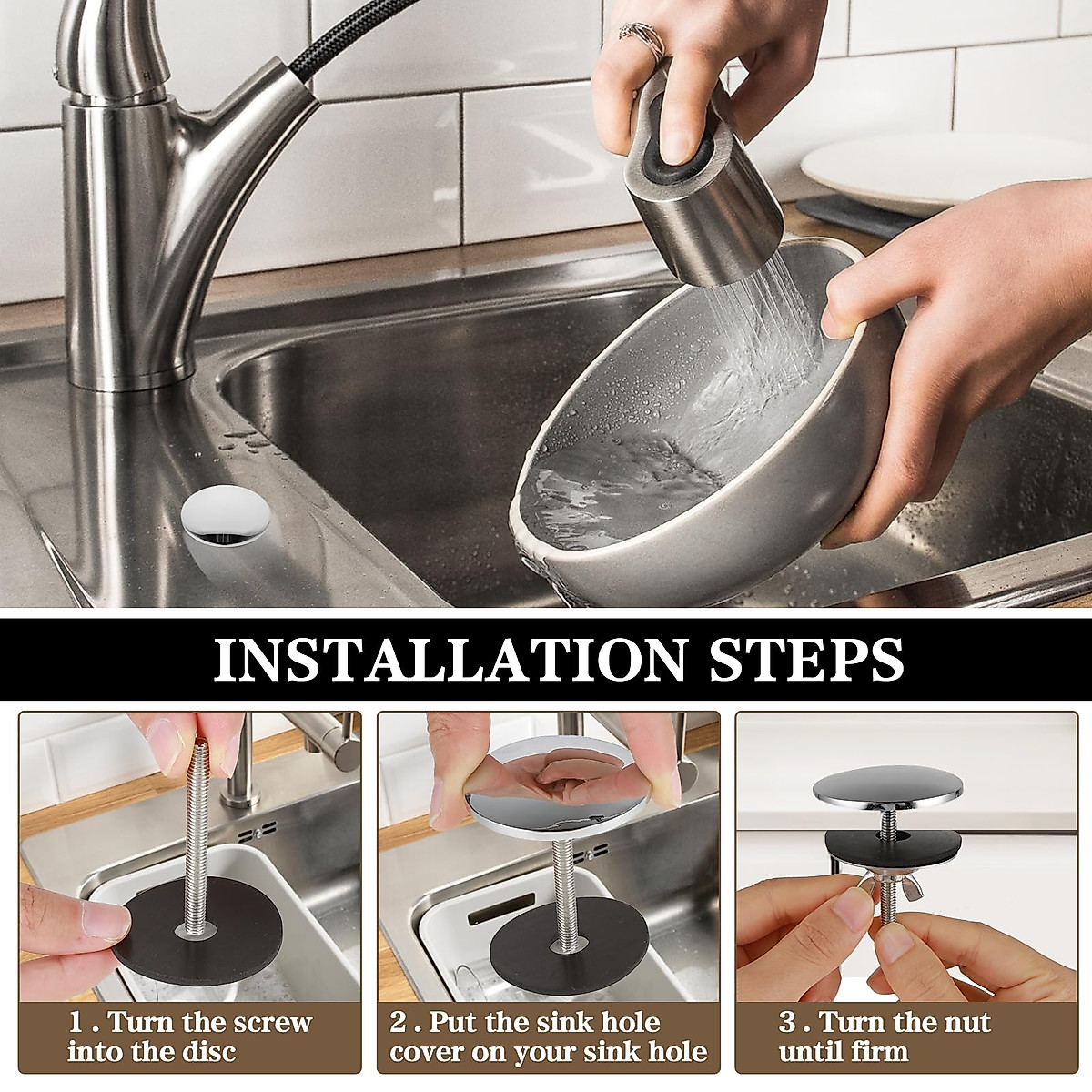 2In Kitchen Sink Hole Cover Faucet Hole Cover Stainless Steel Wash Basin Kitchen Sink Tap Hole Plate Stopper, Sealed Decoration Hole Cover for Faucet Sink Hole Leakage Prevention