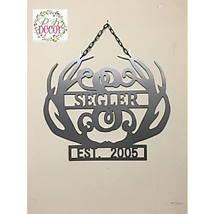 PK Décor Deer Antler Decor with Family Last Name with Established Year, Metal ACM Buck Antlers Sign Gift, Rustic Initial Monogram Door Hanger, QUICK Ship (Split Letter Established Year)