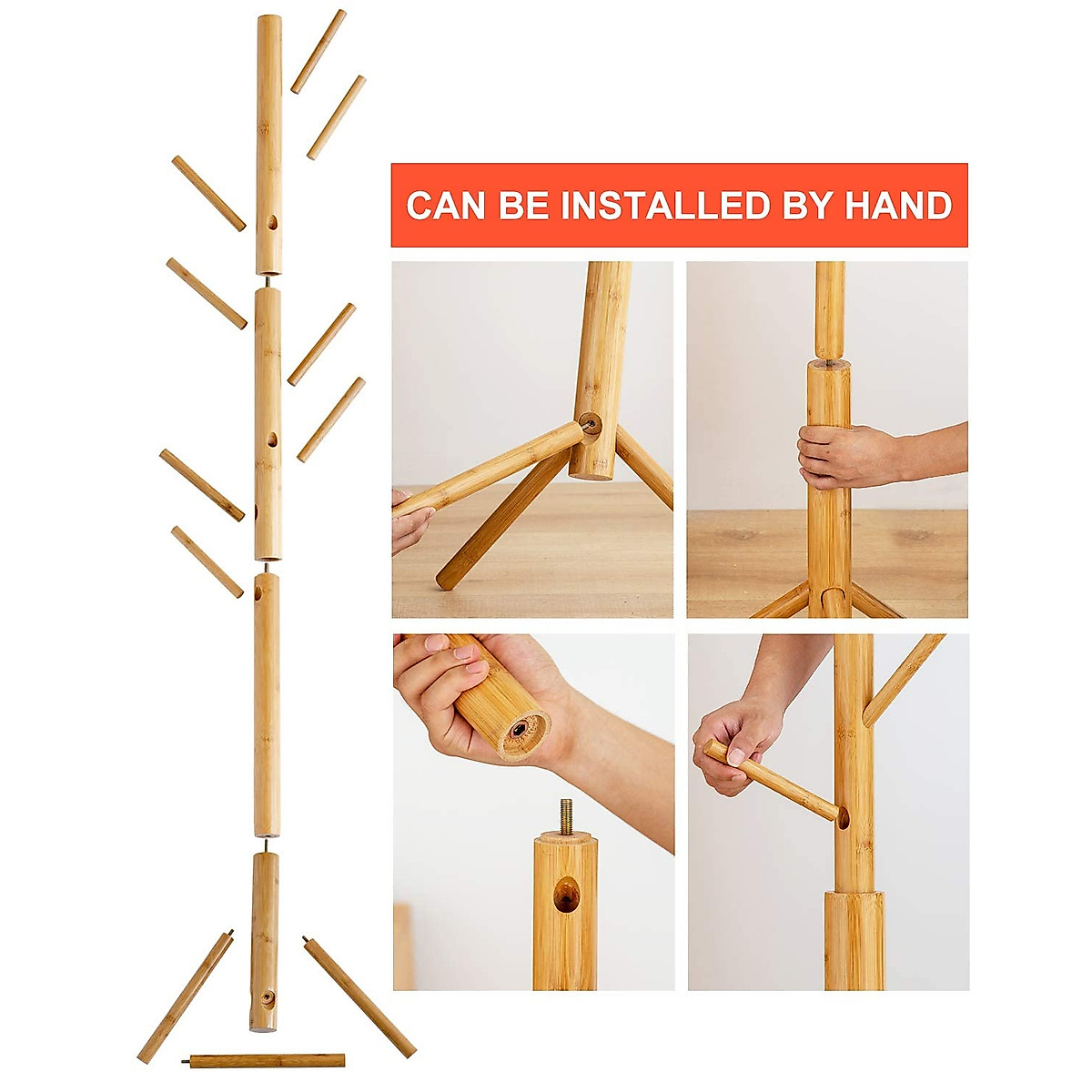 BMOSU Coat Rack freestanding Stand Bamboo Wooden Coat Tree 8 Hooks 3 Adjustable Standing Jackets Hanger Hallway Corner Parlor(Nature)