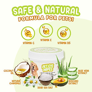 GoEcoVita Pet Eye Wipes for Dogs & Cats | Gently Removes Tear Stains, Eye Debris, Discharge, Mucus Secretions | Chamomile Oil Pet Cleaning & Deodorizing Wipes for Eyes & Stains (100 Count)