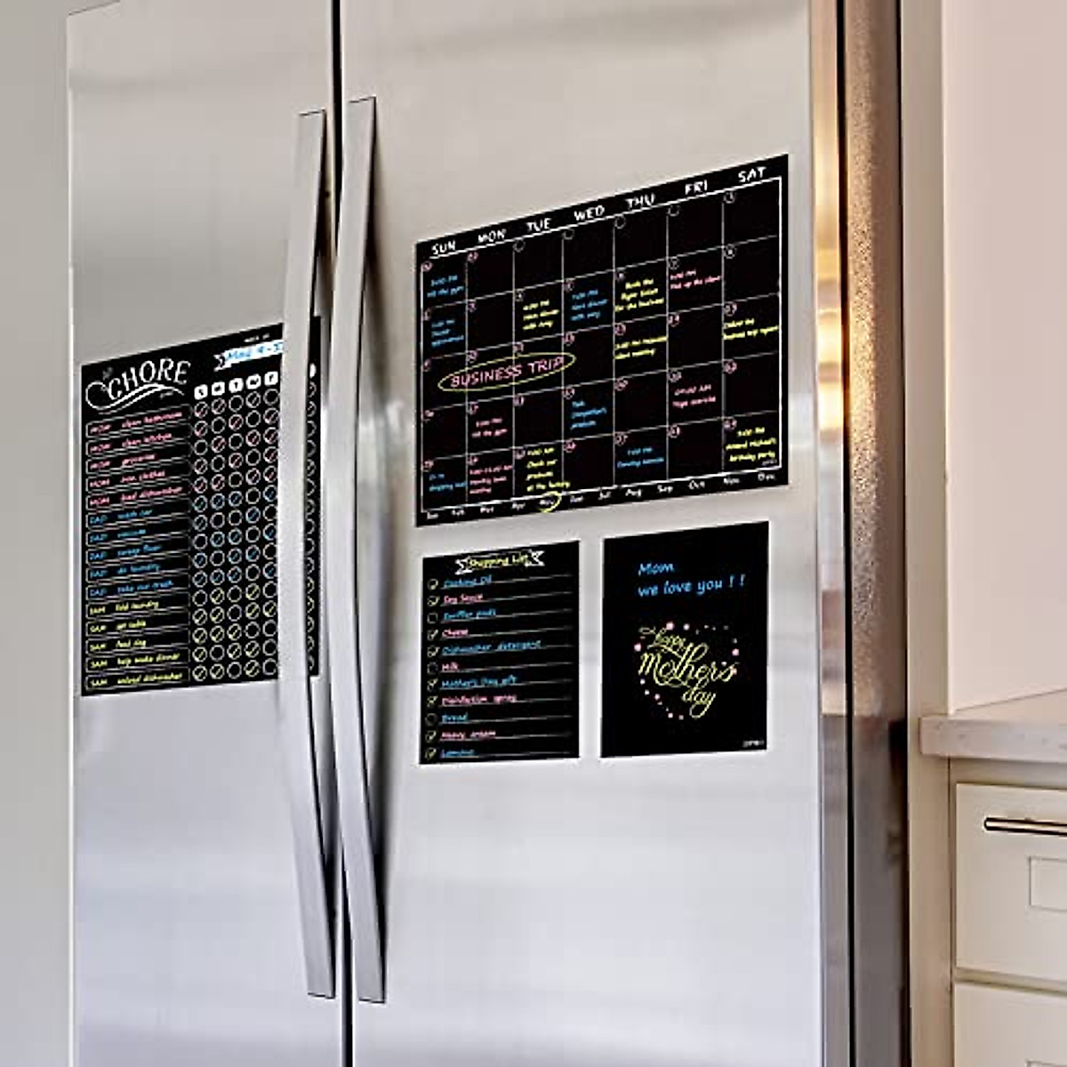 JJPRO Magnetic Chalkboard Monthly Calendar - Reward Chore Chart Blackboard combo set with Neon Bright Liquid Chalk Markers - Bonus Grocery List and Notepad Blackboard for Refrigerator Included