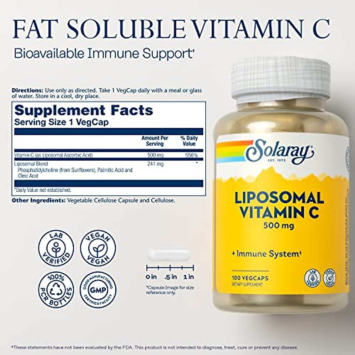 SOLARAY Liposomal Vitamin C 500mg, High Absorption Vitamin C Liposomal Blend, Healthy Immune System Function, Collagen Synthesis and Antioxidant Support, Vegan, 100 Servings, 100 VegCaps