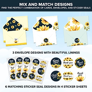 24 Pack Sunflower Thank You Cards with Envelopes & Stickers - 6 Designs Blank Inside Thank You Cards Sunflower Wedding Thank You Cards with Envelopes, 6x4" Bridal Shower Thank You Cards Rustic