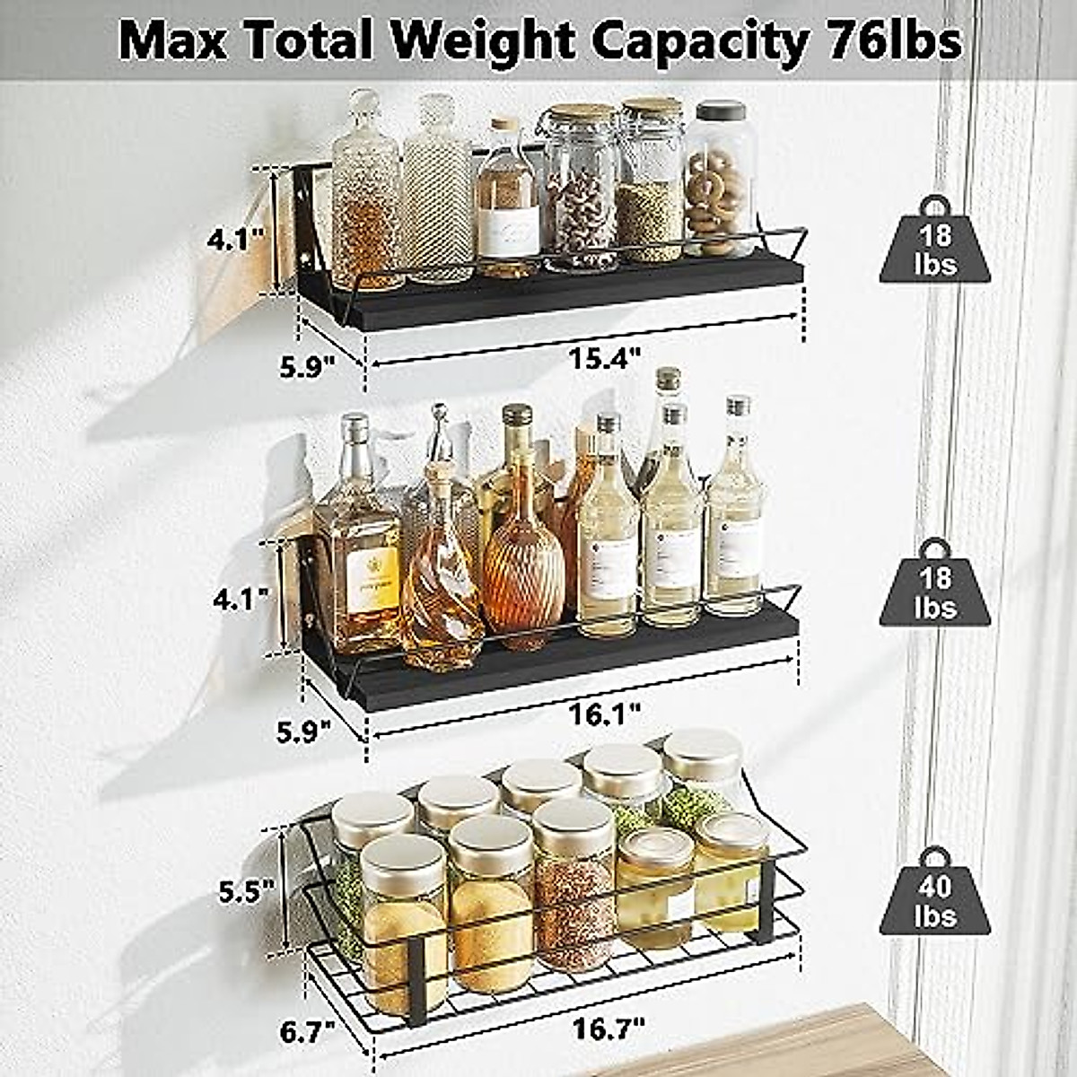 Love-KANKEI Floating Shelves Wall Mounted, Wood Wall Shelves with Storage Wire Basket, Bathroom Shelf Over Toilet eith Towel Bar,Hanging Shelves for Beadroom Living Room Kitchen, Set of 3, Black