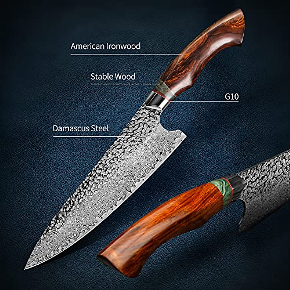 FZIZUO 8 inch damascus steel japanese chef knife,professional handmade desert Ironwood stabilized wood handle with sheath,cooking knives in home or restaurant kitchen