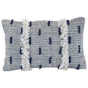Foreside Home & Garden FIPL09778 Blue Decorative Woven 14x22 Outdoor Throw Pillow with Hand Tufted Fringe