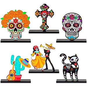 Thyle 6 Pieces Day of The Dead Centerpieces for Parties Wooden Table Centerpieces Dia De Los Muertos Decorations Desk Day of The Dead Decorations Mexican Sugar Skull Signs for Halloween Party