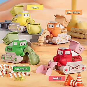 Construction Vehicle Toys Cars for 3 4 5 6 7 Year Old Toddlers, 4 Pack Press and Go Trucks Set Bulldozer, Excavator, Road Roller, Pile Drive for Kids, Birthday Toys for Boys Girls