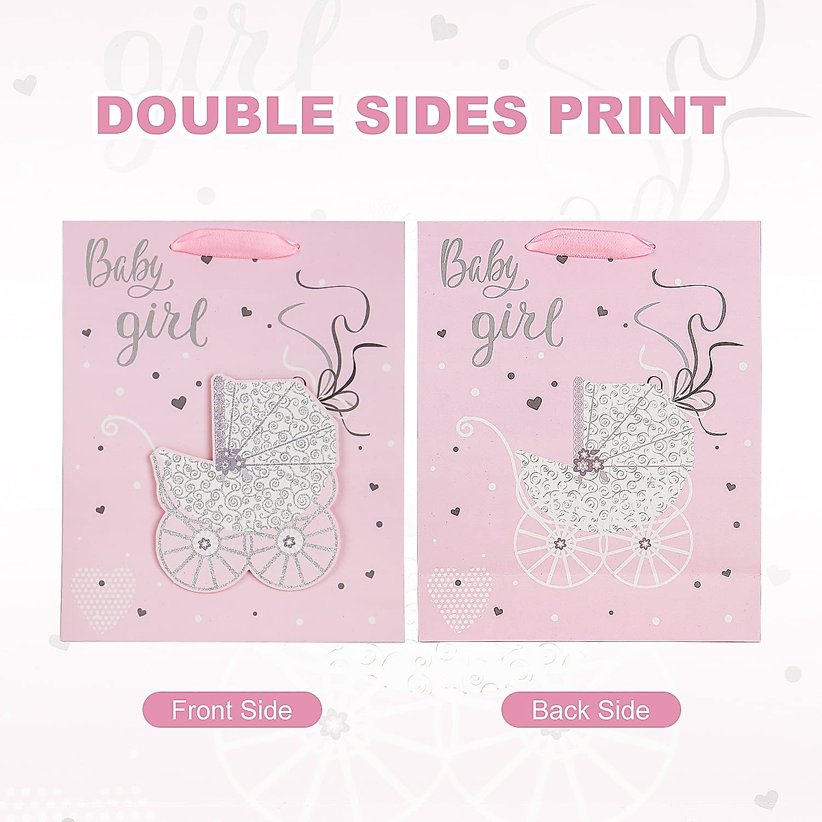 12.6" Large Baby Shower Birthday Gift Bags for Girl with Tissue Papers 2-Pack (Pink)