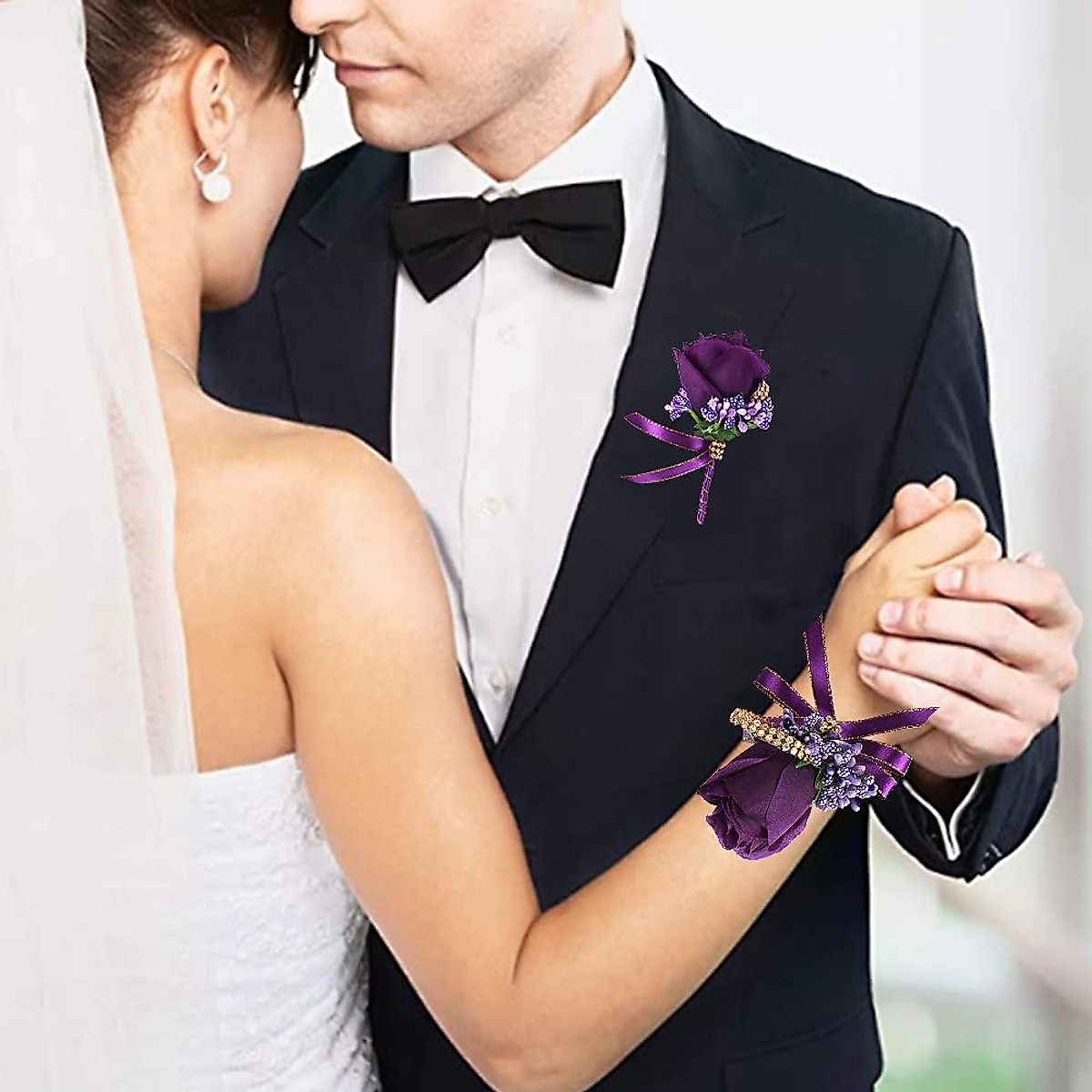 WANLIAN Rose Wrist Corsage Bridesmaid Corsage and Boutonniere Set for Wedding Prom Party Hand Flower Decoration Set of 2 (Purple)