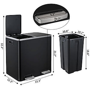 Arlopu 12 GallonStainless Steel Trash Can, 48L Dual Compartment, Metal Kitchen Step Recycle Bin, Metal Double Dustbin, in-Home Garbage Rubbish Can W/Removable Liner Buckets (Black)