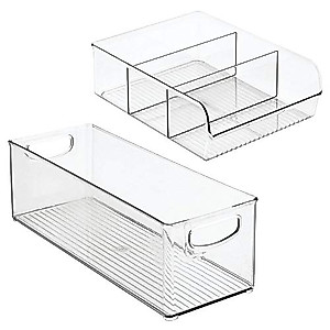 mDesign Kitchen Plastic Storage Organizer Combo Set of 2 Bins - For Kitchen, Pantry, Cabinet, Fridge/Freezer for Organizing Snacks, Produce, Vegetables, Pasta Food, 2 Piece Set - Clear