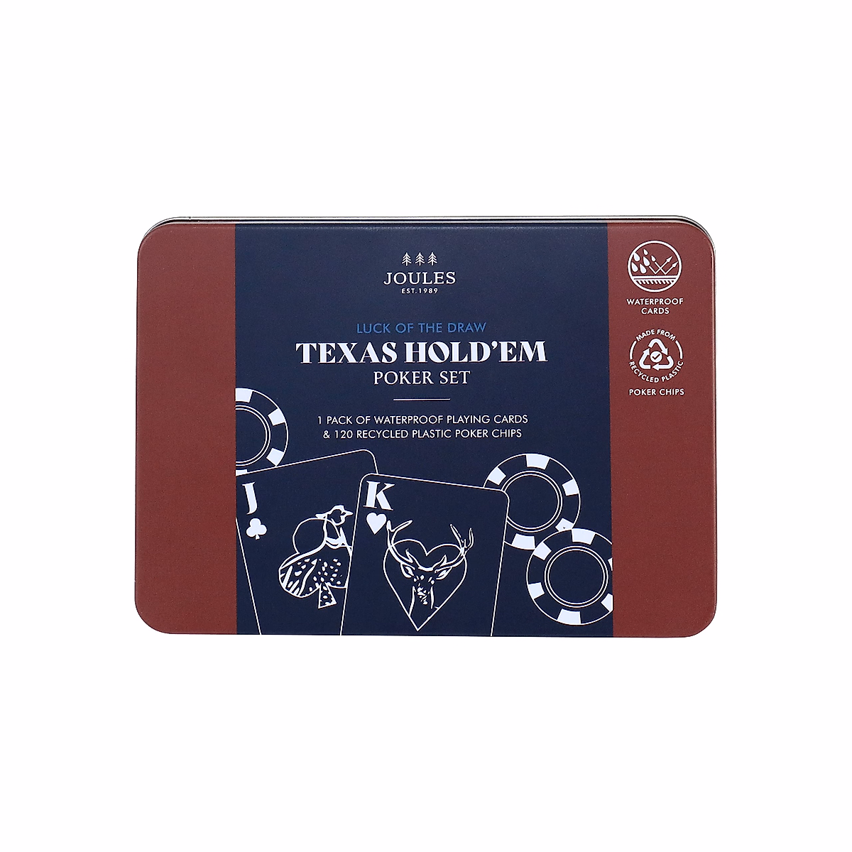 Joules Texas Hold'em Travel Poker Set in Keepsake Tin Includes Pack of 52 Waterproof Playing Cards and 120 Recycled Plastic Poker Chips