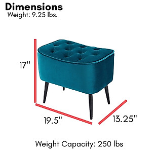 BIRDROCK HOME Tufted Curve Ottoman Velvet Foot Stool - Upholstered Padded Footrest for Living Room or Bedroom - Small Cushioned Accent Chair for Couch, Sofa, Lofted Seating - Modern Furniture - Teal