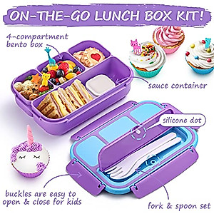 QQKO Bento Lunch Box for Kids Girls Boys, Toddler Kids Lunch Boxes for School, Lunch Containers for Adults Kids with 4 Compartments, Sauce Container, Utensils, Food Picks and Muffin Cups, Purple