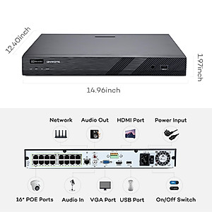 ONWOTE 16 Channel 4K PoE Security NVR Video Audio Recorder, Support 8MP 5MP 4MP 1080P, 16CH NVR with NO Hard Drive, Support up to 20TB with 2 Storage Bays, 16-CH Simultaneous Playback