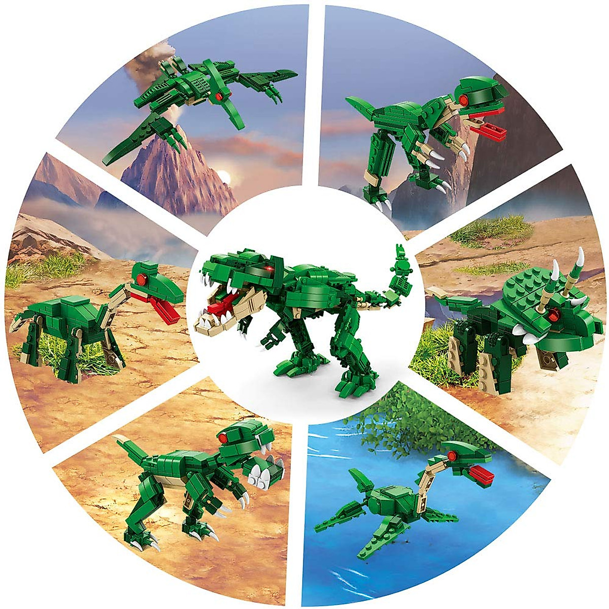 GARUNK 6 in 1 Mighty Dinosaurs Building Blocks Set, Build It Yourself Dinosaur Set, Create a Ceratosaurus, Pterosaur, Diplodocus, Triceratops, Allosaurus, Raptor, for Kids (673 Pieces)