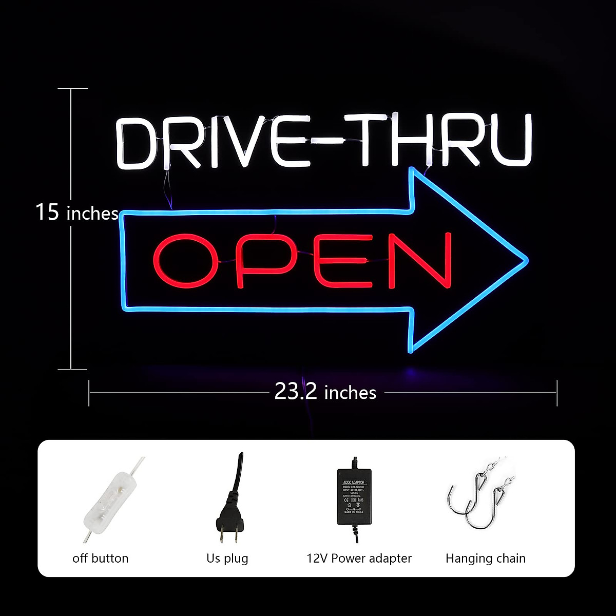 Large Drive Thru Open Neon Signs 23.2 * 15 Inch(Red+Blue+White) + Large Flower Shop Neon Signs 22.4 * 7.9 Inch(Red + Green + White)