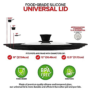Modern Innovations Silicone & Glass Universal Lid (11 to 12.5 Inches),BPA-Free Silicone Lid with Stay Cool Handle & Tempered Glass Top,Dishwasher Safe,Universal Lid for Pots, Skillets, Cast Iron
