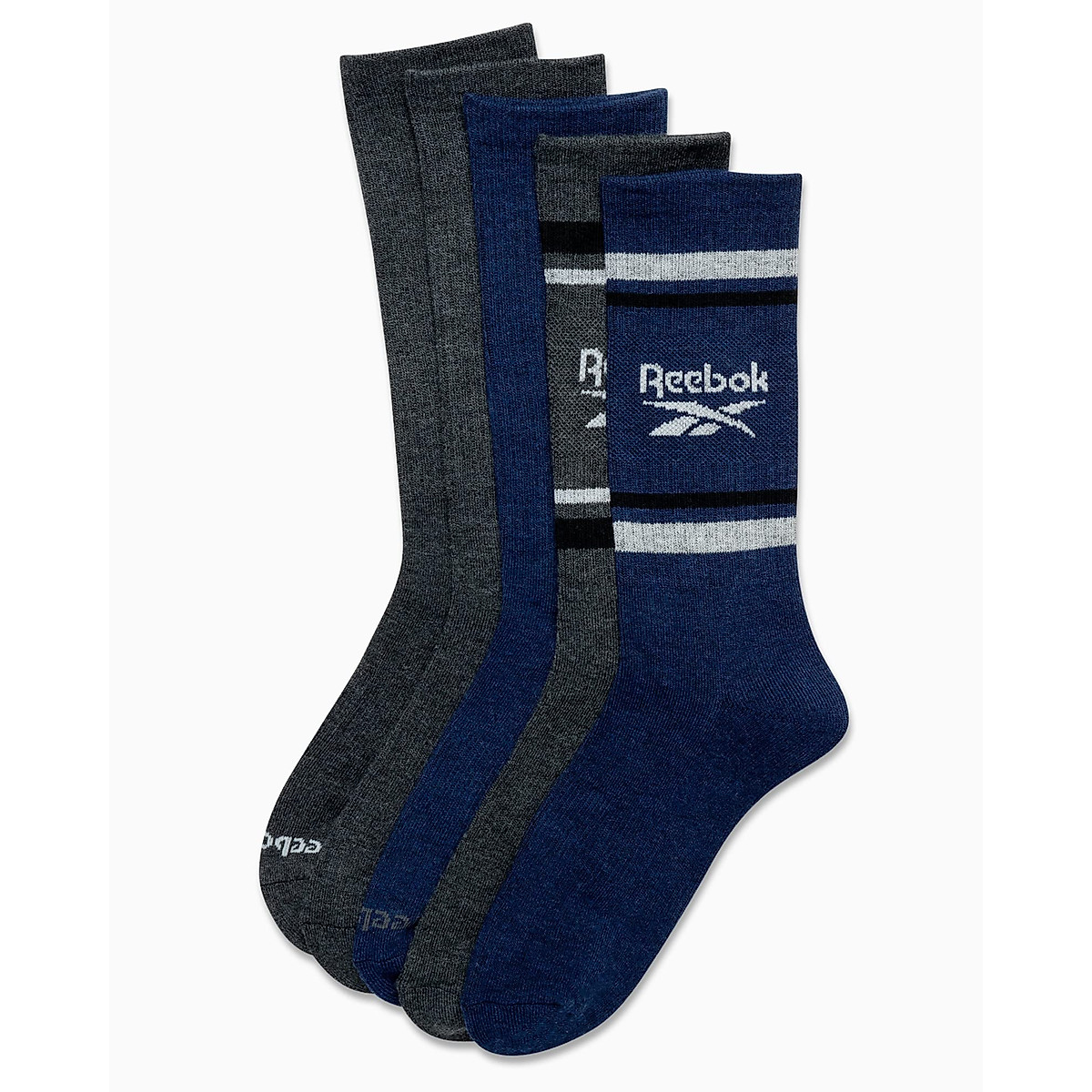 Reebok Men's Crew Socks - 5 Pack Comfort Cushion Performance Crew Socks for Men - Classic Men's Sports Socks (Size: 6-12.5), Size 6-12.5, Navy/Grey