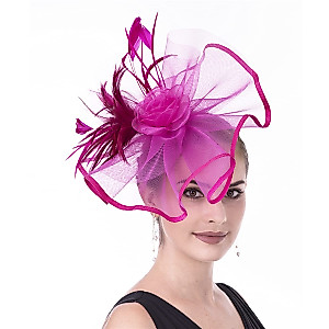 Lucky Leaf Girl Lady Hat Headwear Organza Church Feather Clip Fascinators Hat Wedding Party Kentucky Derby Cap for Women(L-Flowers-Fuschia)