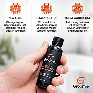 GROOMIE Natural Pre-Shave Oil for Bald Headed Men and Women | Specially Formulated Plant Based Recipe with Milk Thistle Seed, Essential Oils, Antioxidants, and Vitamin E | Promotes Close Shave