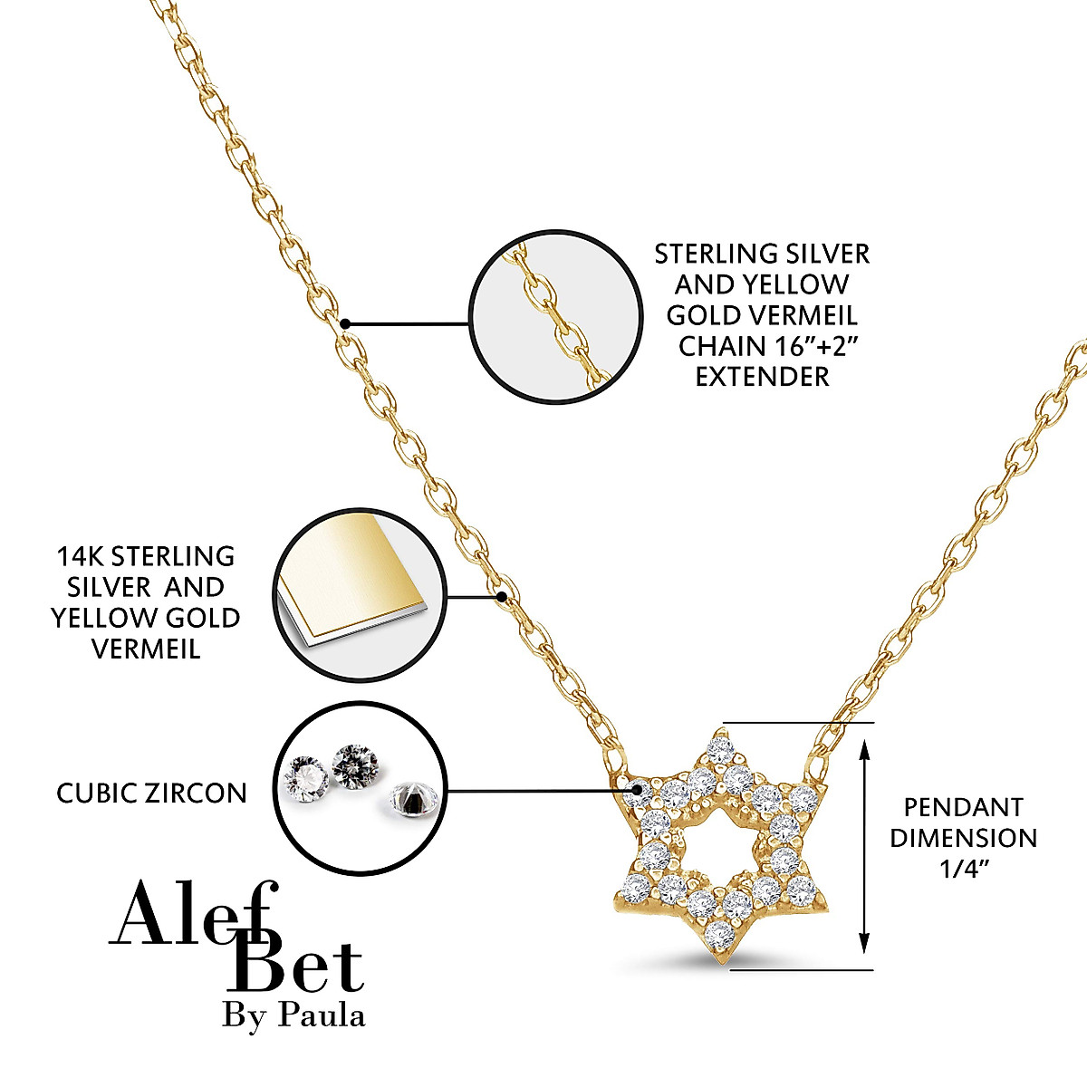Alef Bet by Paula Jewish Star of David Necklace in a Sparkling Yellow Gold with Stones for Women to Wear Daily as a Symbol of Faith