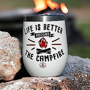 Funny Stainless Steel Stemless Wine Tumbler - 12 oz. Double Wall Vacuum Insulated Travel Glass with Lid - Great Christmas & Birthday Gifts for Best Friend, Sister, & Women (Campfire)