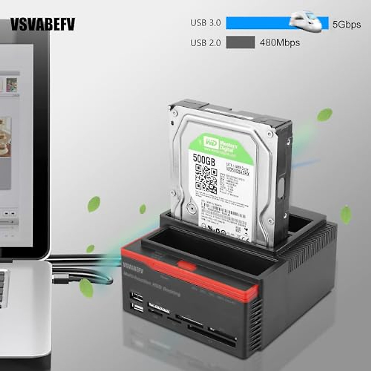VSVABEFV Hard Drive Docking Station Hard Drive Dock Reader, Hard Drive Enclosure 2.5"/3.5" USB 3.0 to 2 SATA Ports 1 IDE Port External HDD Hard Drive Card Reader USB3.0 Hub with OTB/OTC Offline