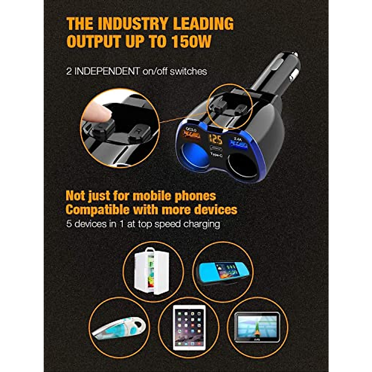 Car Charger, 150W 2-Socket Cigarette Lighter Splitter QC 3.0 Dual USB Ports 1 USB C Fast Car Adapter with Separate Switch LED Voltmeter Replaceable 15A Fuse for GPS/Dash Cam/Phone/iPad