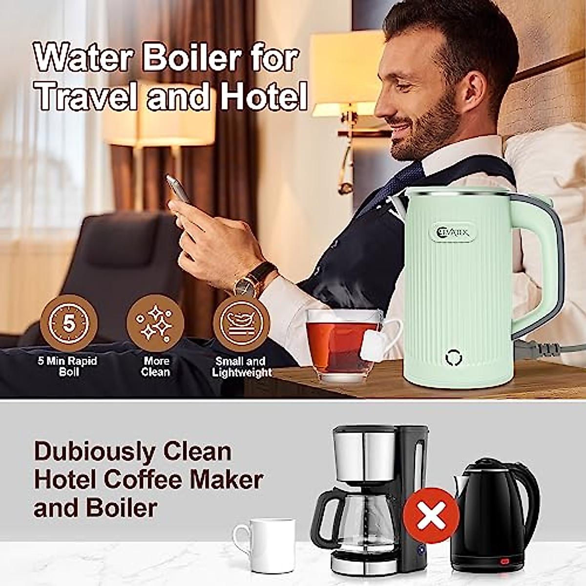 EVATEK Small Electric Kettle, 600W Mini Portable Tea Kettle, Travel Stainless Steel Interior Hot Water Boiler, Auto Shut-Off & No Base, Gift for Camping, Office, Student Dormitory