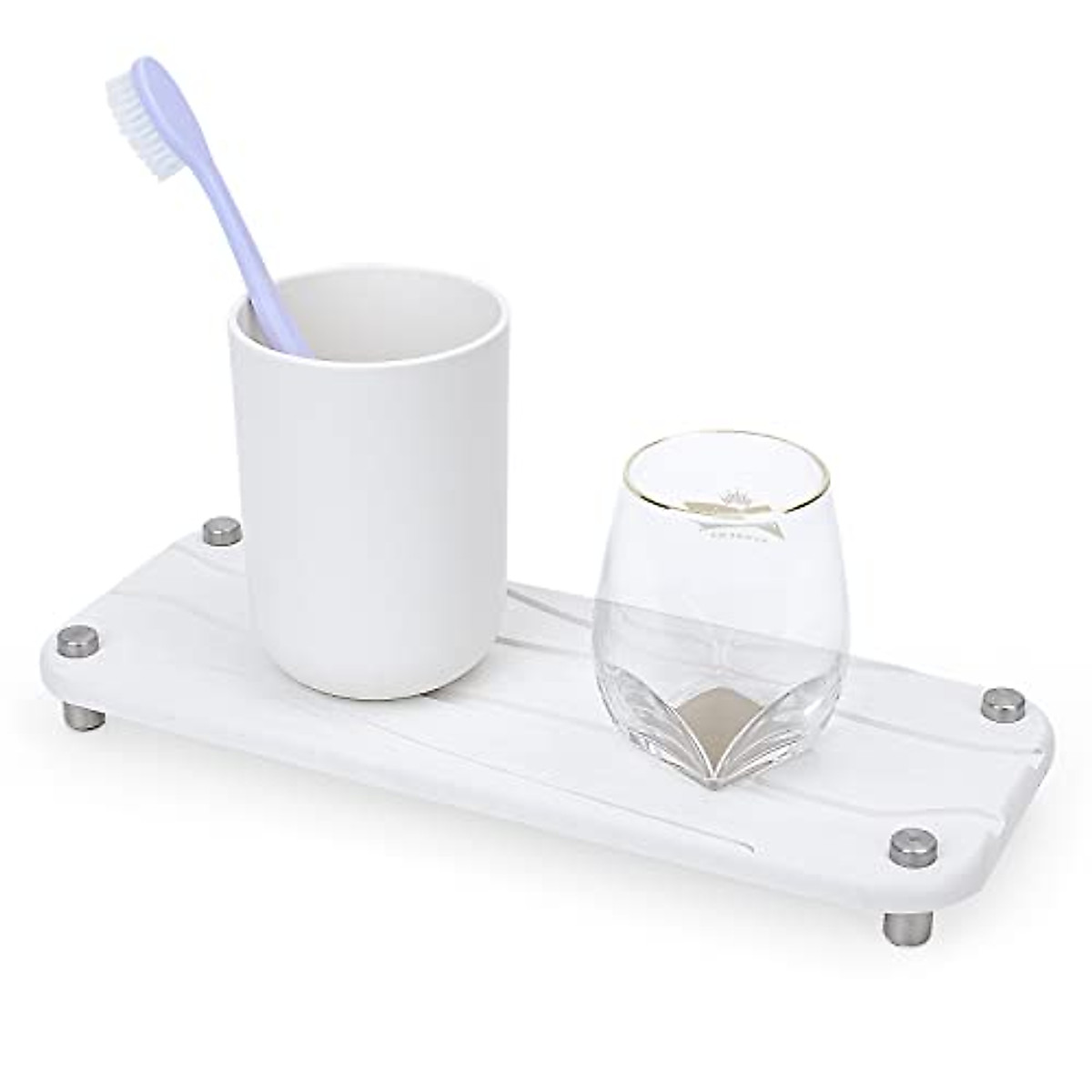 bukfen Instant Dry Sink Organizer, Bathroom Sink Fast Drying Stone,Diatomaceous Earth Sink Caddy for Kitchen Counter and Bathroom Counter, Pearl White, Wavy Groove(11.02x4.33x1.10in)