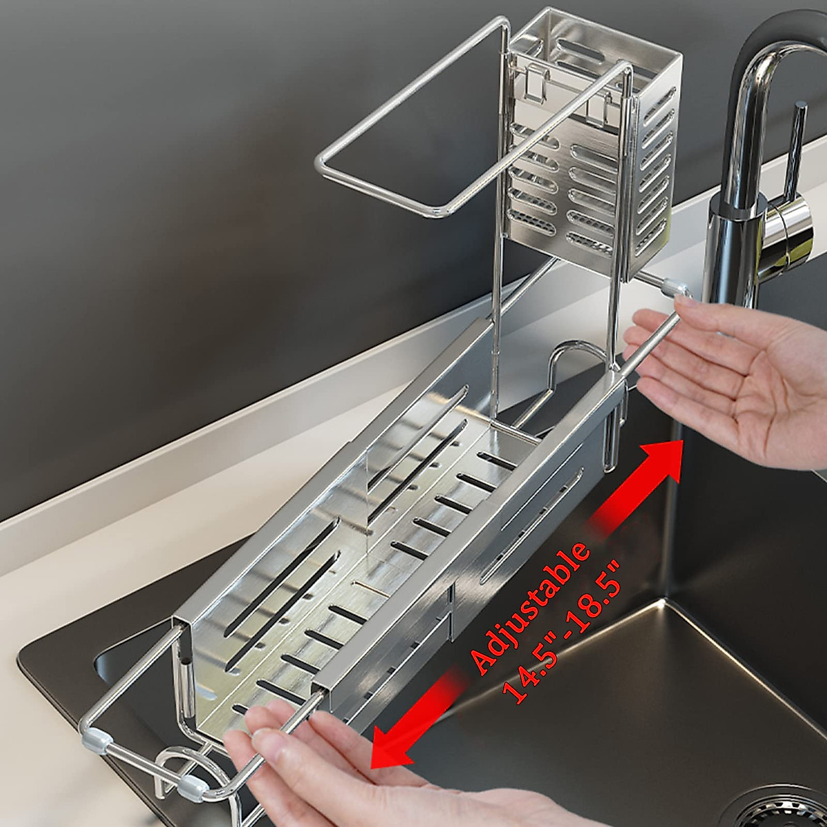 ParkNbuy Expandable Kitchen Sink Caddy Sponge Holder,Stainless Steel Telescopic Sink Storage Rack,Over Sink Adjustable Sponge Holder for Kitchen Sink with Dishcloth Towel Rack,Black