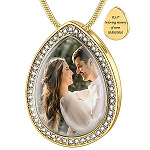 Fanery Sue Personalized Ashes Necklace for Women Men Custom Engraving Photo & Text Cremation Jewelry Urn Necklace for Ashes Memorial Keepsake for Loss Loved One, Copper, Zircon(Teardrop&Gold)