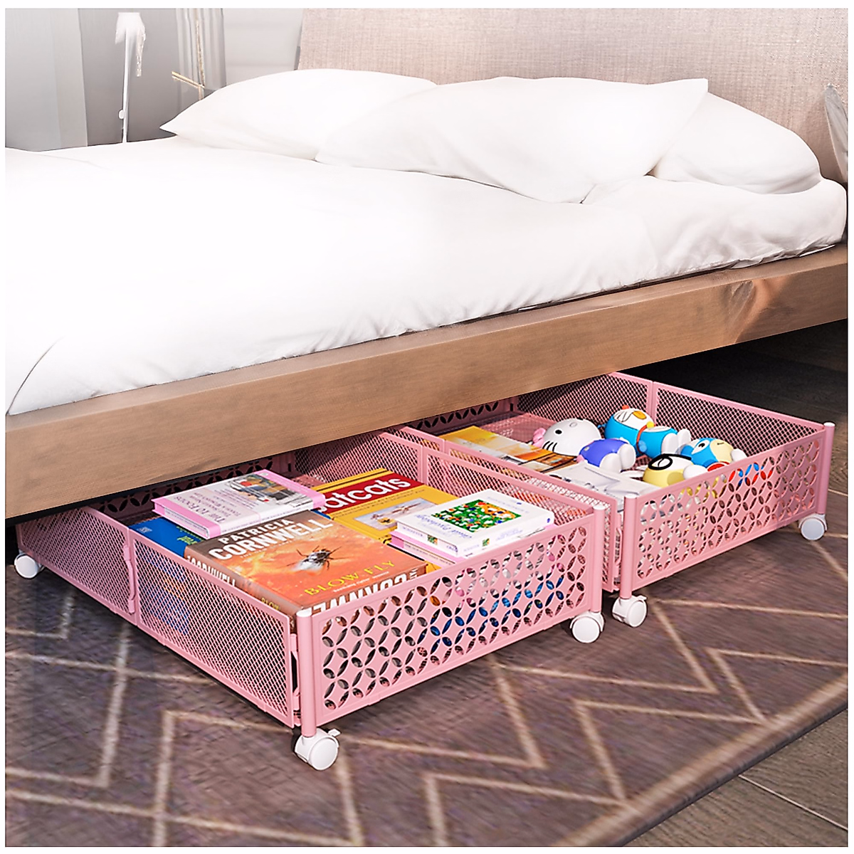 Under Bed Storage with Wheels - 2 pack - Collapsible Underbed Containers Dorm Organizer Bins for Shoe Shoes Clothes Toys - Pink