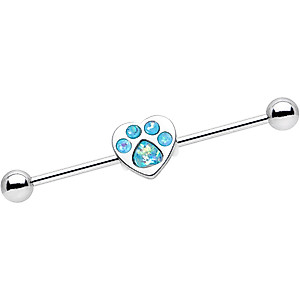 Body Candy Steel Iridescent Blue Paw Print Heart Helix Earring Industrial Barbell Piercing 14 Gauge 38mm