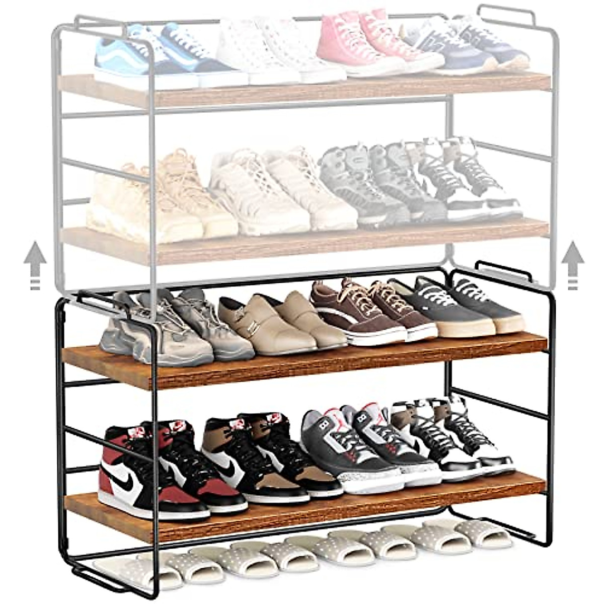 DANCELF Shoe Rack, Metal Shoe Organizer for Closet, Adjustable Free Standing Shoe Storage, Shoe Tower for Entrance Living Room Kitchen, Rustic Brown
