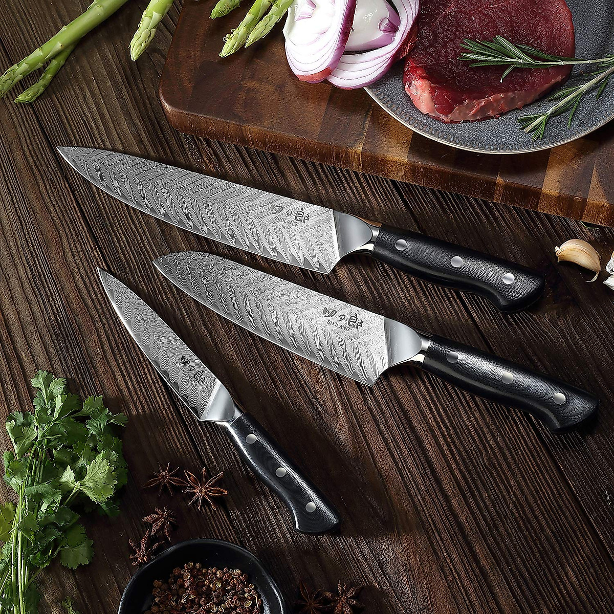 SIXILANG Knife Set, 3 PCS Professional Damascus Chef Knives, 67 Layer Japanese AUS10 Steel Core Forged Kitchen Knives, Well-Balanced Full Tang Handle Triple Rivet Handle - Black Gift Box