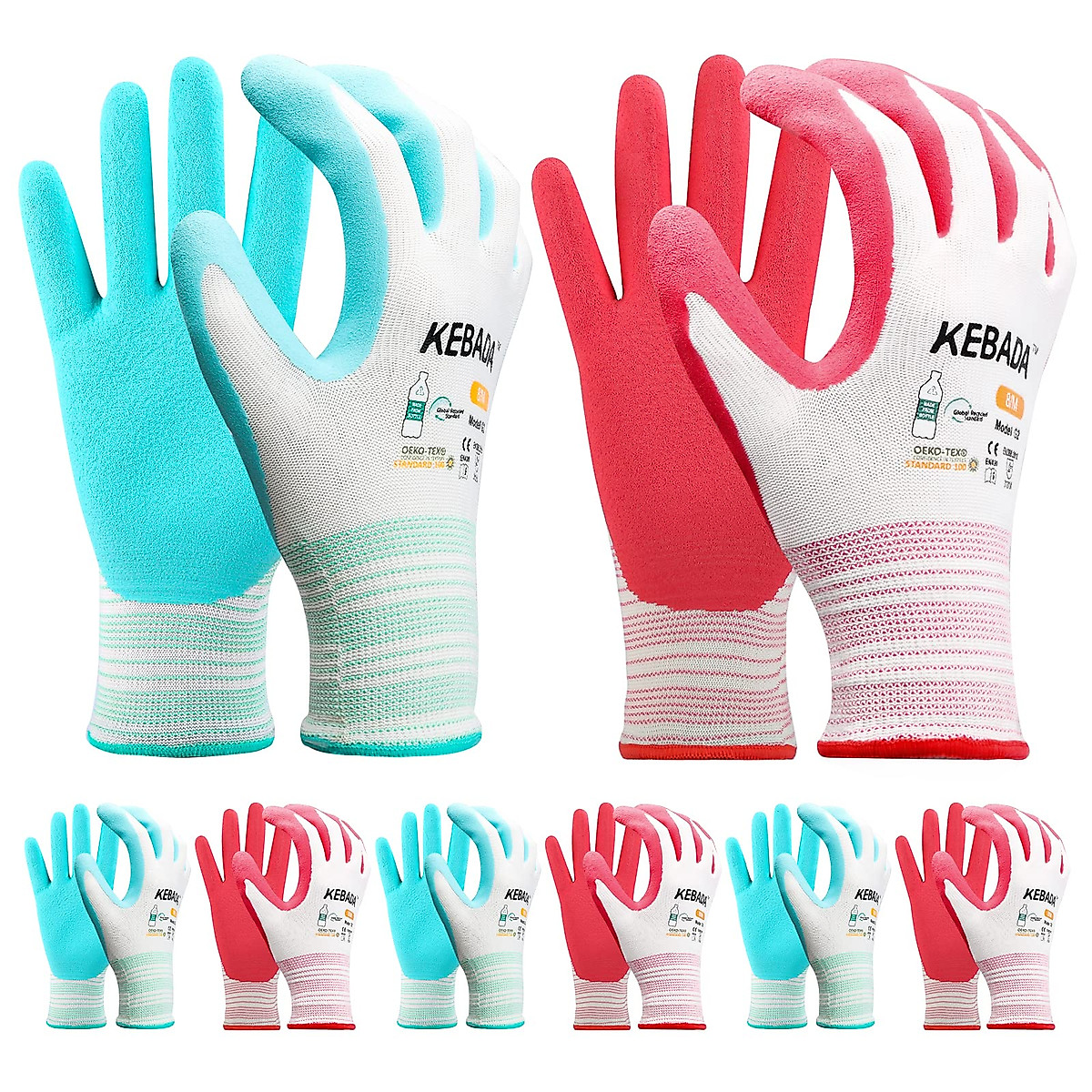 Kebada Gardening Gloves for Women, 6 Pairs Latex Coated Yard Gloves, Micro-Foam Textured Coating on Palm & Fingers, Breathable Womens Work Gloves, High Visibility, Medium, Aqua & Red