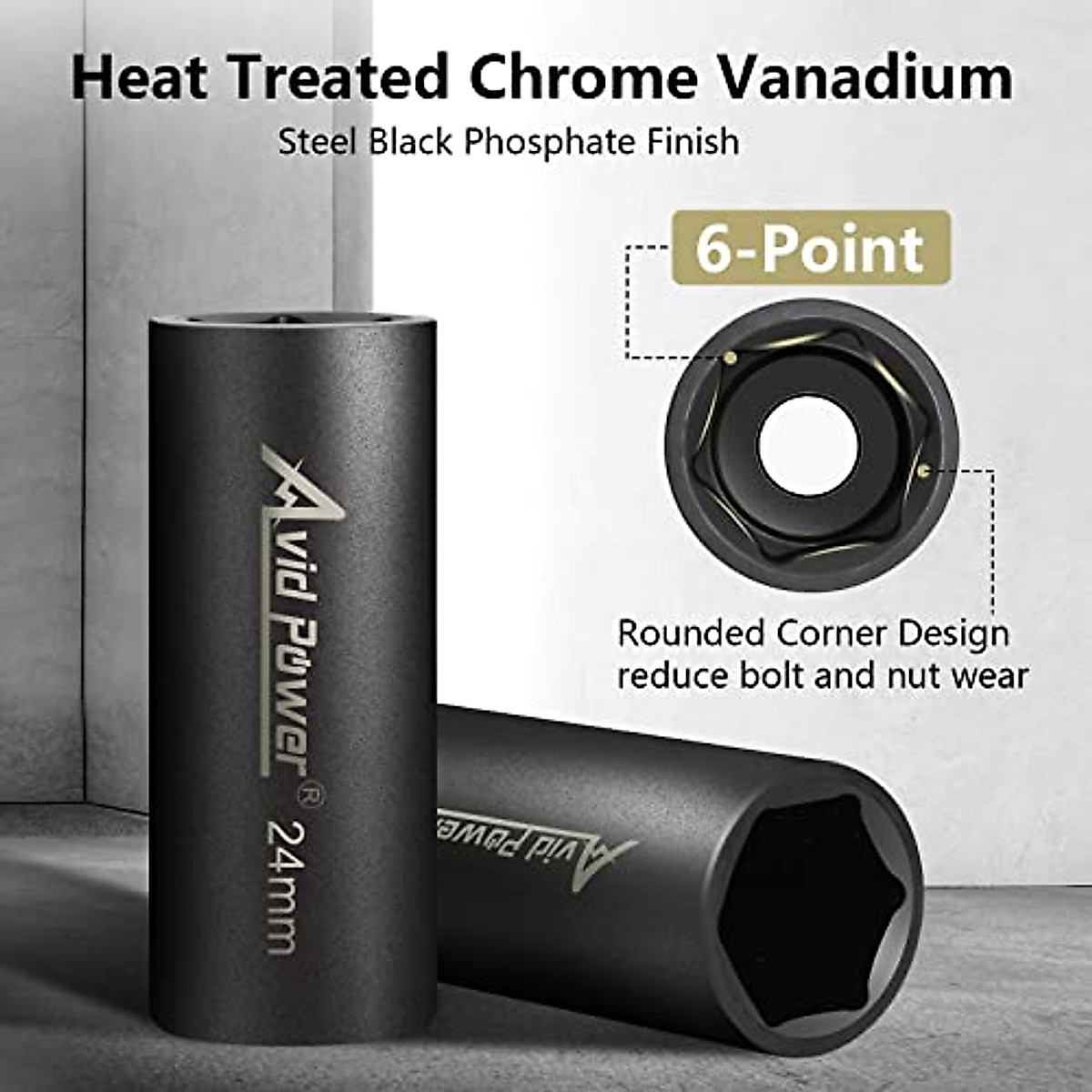 AVID POWER 18pcs 1/2-inch Drive Impact Socket Set, 10-24mm Metric Sizes Sockets and 3'' 5'' 10'' Extension Bar, 6 Point, Cr-V Steel Socket Set