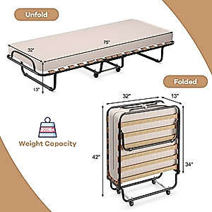 GOFLAME Rollaway Folding Bed with Soft Memory Foam Mattress, Portable Sleeper Bed Cot Size with Metal Frame for Adults, Guest Bed for Spare Bedroom and Office (Beige)