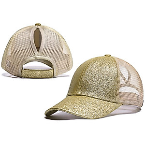 Anna-Kaci Womens Baseball Cap Glitter Ponytail Hat High Messy Bun Ponycap Trucker Dad Hat, Gold